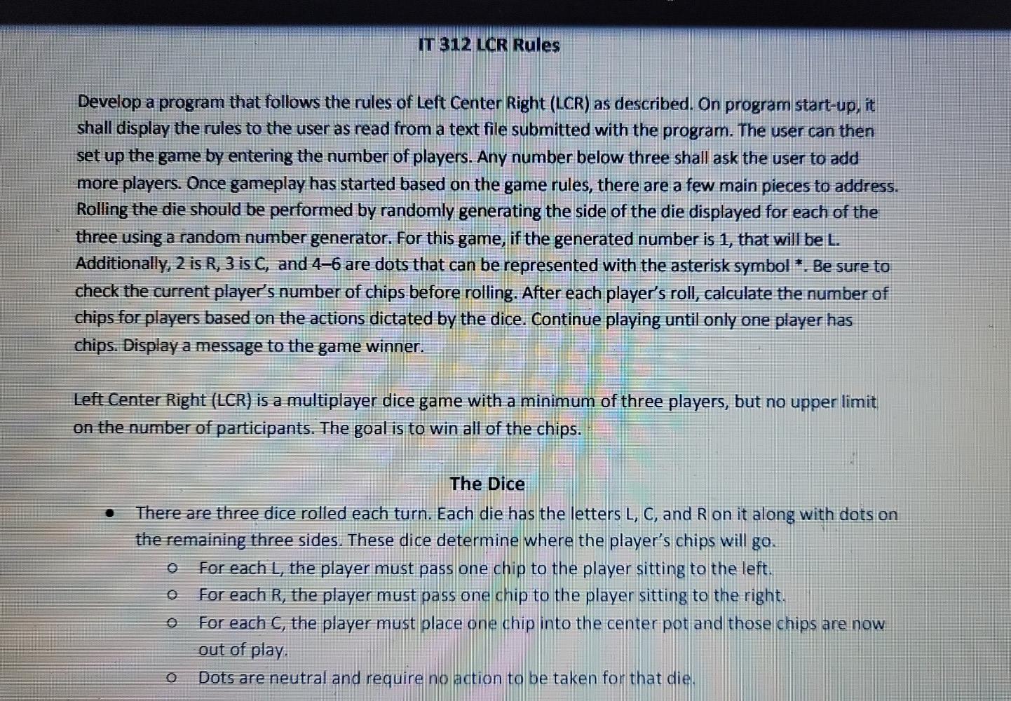 Solved IT 312 LCR Rules Develop a program that follows the | Chegg.com