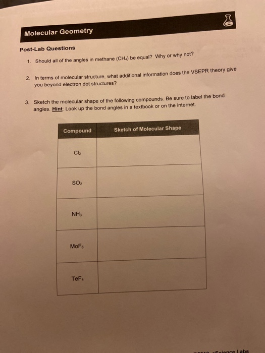 Solved Molecular Geometry Post-Lab Questions 1. Should all | Chegg.com