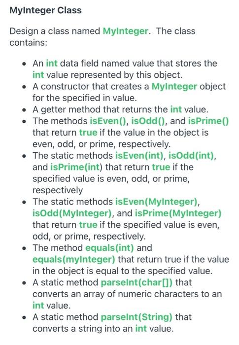 Solved MyInteger Class Design a class named MyInteger. The | Chegg.com Solved MyInteger Class Design a class named MyInteger. The | Chegg.com