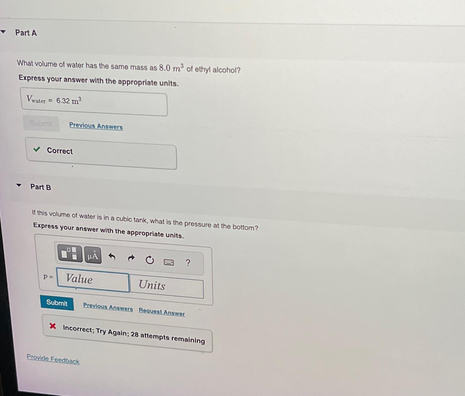 Solved Part A\\nWhat volume of water has the same mass as | Chegg.com