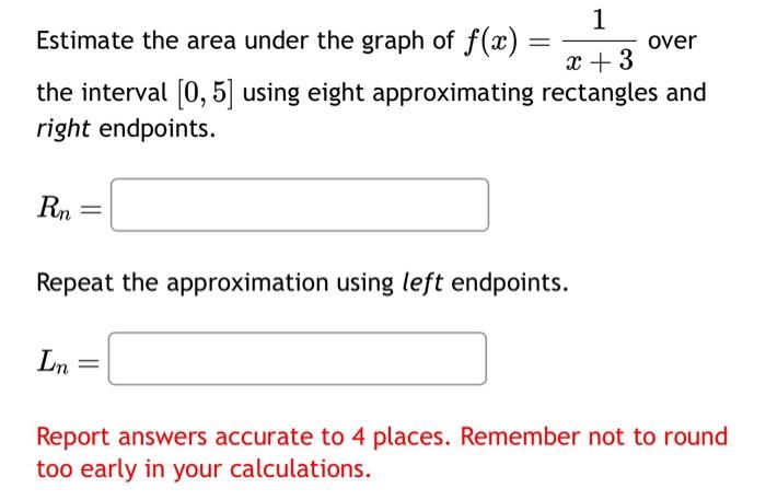 Solved Estimate the area under the graph of f(x)=x+31 over | Chegg.com