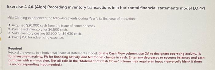 Solved Exercise 4-4A (Algo) Recording inventory transactions | Chegg.com