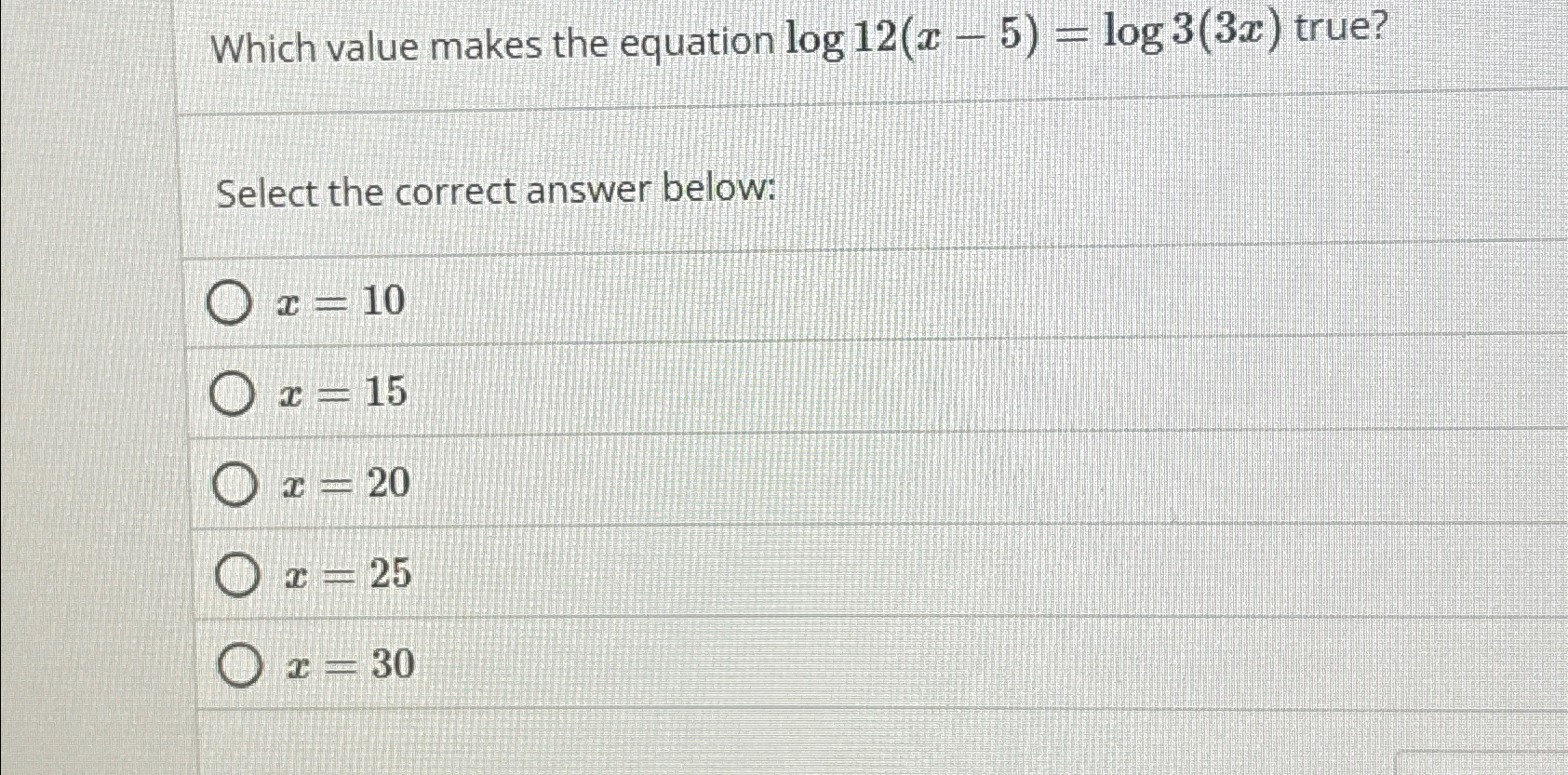 Solved Which value makes the equation log12(x-5)=log3(3x) | Chegg.com