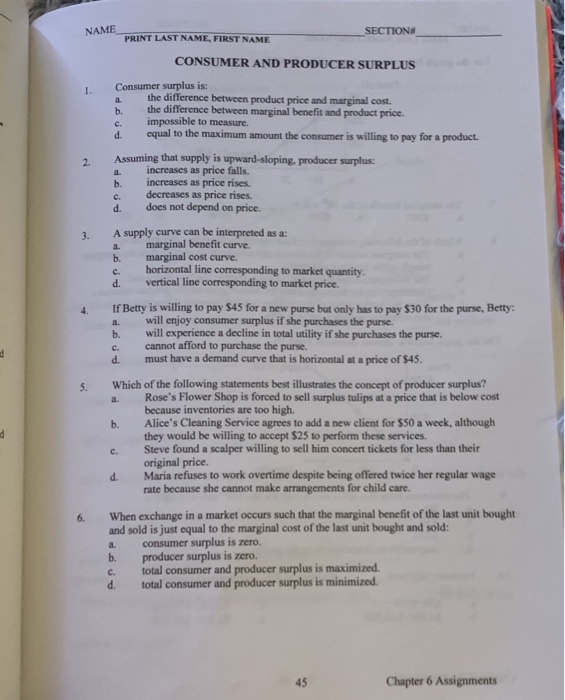 Solved NAME SECTION PRINT LAST NAME, FIRST NAME CONSUMER AND | Chegg.com