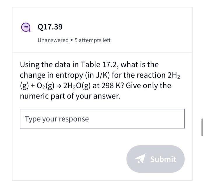 Solved Q17.39 Unanswered • 5 attempts left Using the data in | Chegg.com