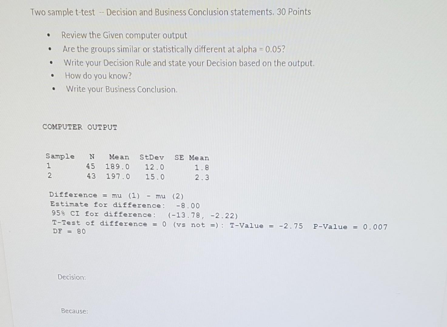 Solved Two sample t-test - Decision and Business Conclusion | Chegg.com