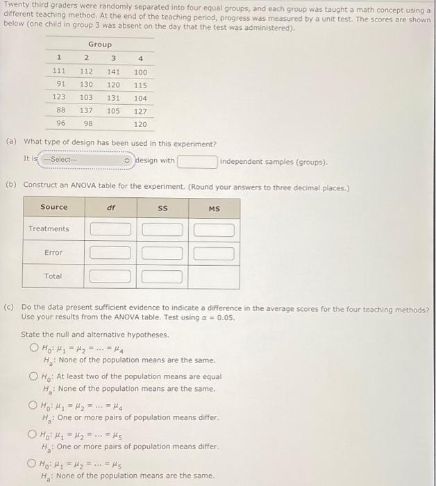 Twenty third graders were randomly separated into | Chegg.com