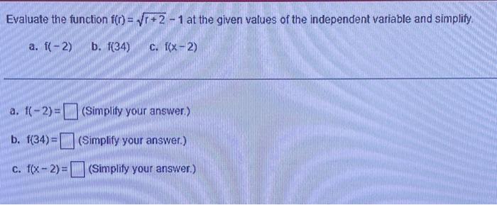 Solved Evaluate the function f(r)=r+2−1 at the given values | Chegg.com