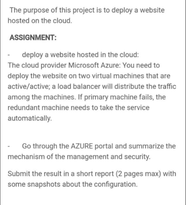 Solved The purpose of this project is to deploy a website | Chegg.com