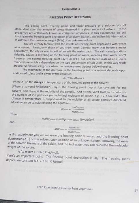 The boiling point, freezing point, and vapor pressure | Chegg.com