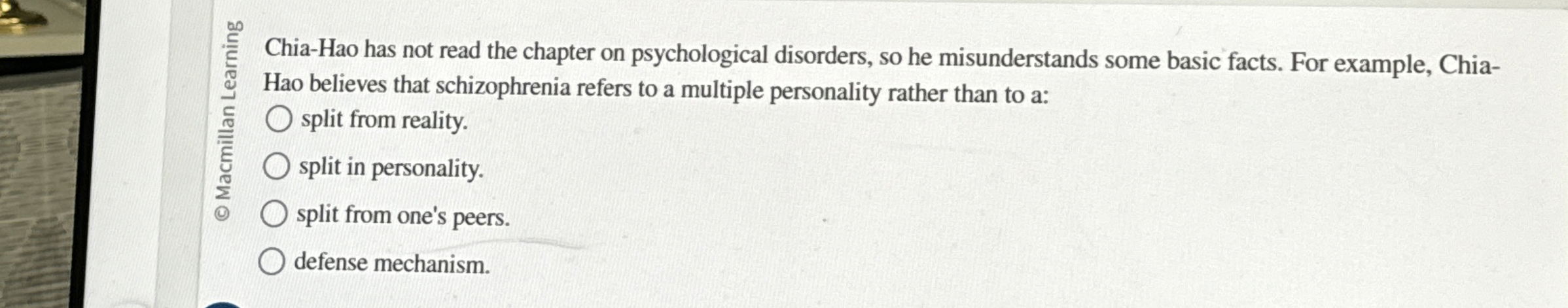 Solved Chia-Hao has not read the chapter on psychological | Chegg.com