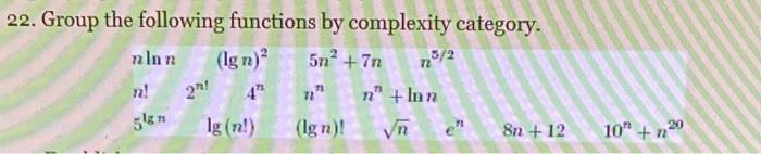 Solved 22. Group the following functions by complexity | Chegg.com