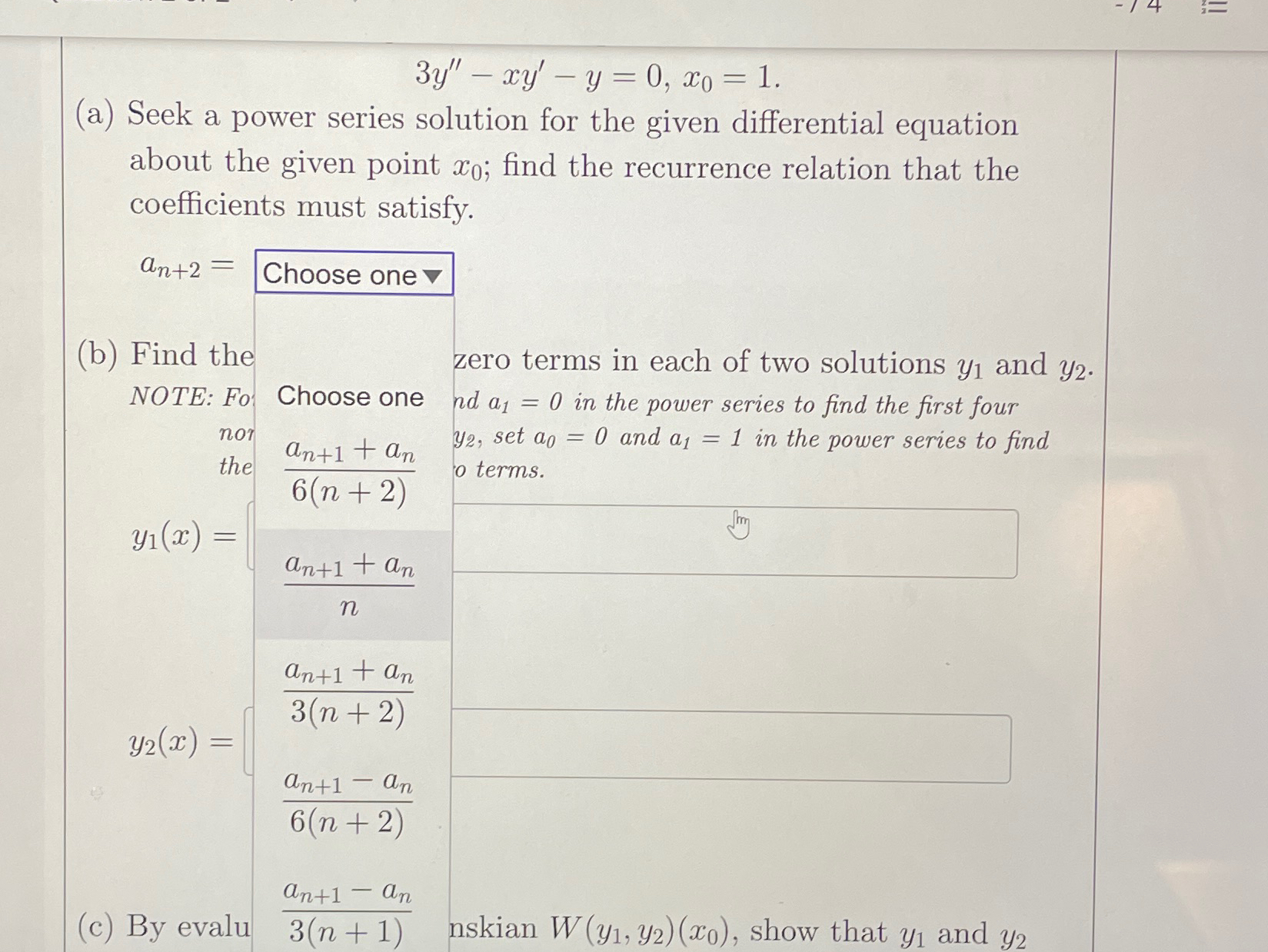 3y''-xy'-y=0,x0=1.(a) ﻿Seek a power series solution | Chegg.com