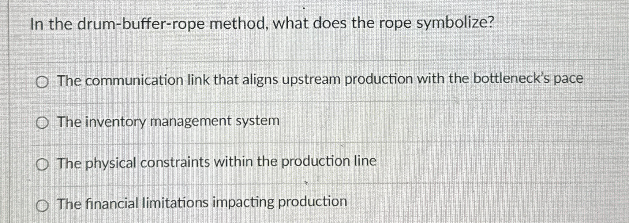 Solved In the drum-buffer-rope method, what does the rope | Chegg.com