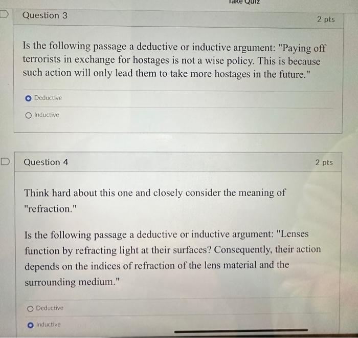 Is the following argument inductive or deductive: | Chegg.com