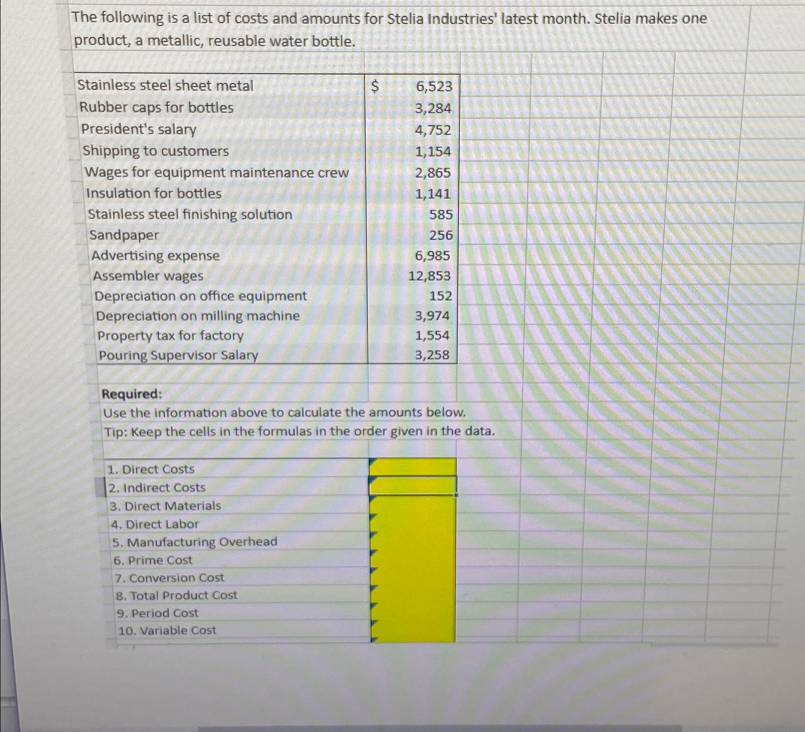 Solved The following is a list of costs and amounts for | Chegg.com