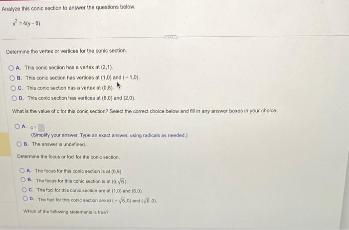 Solved Analyze this conic section to answer the questions | Chegg.com
