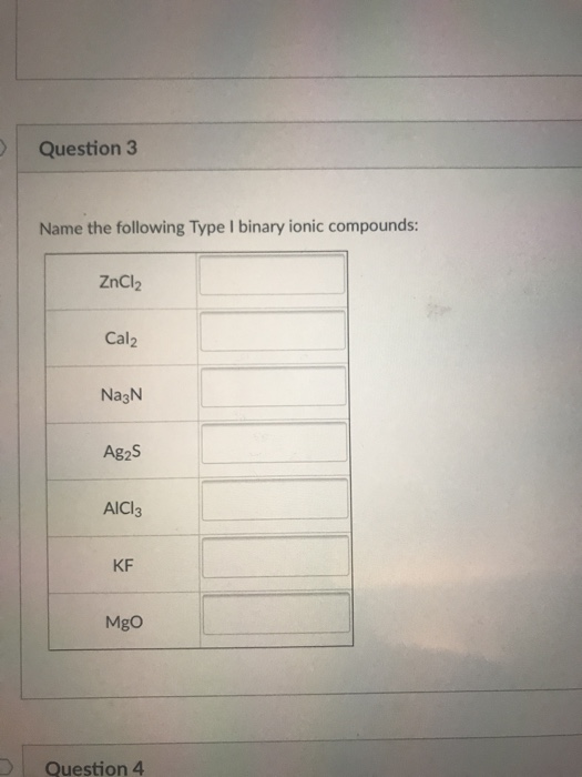 Solved 3 Question 3 Name the following Type I binary ionic | Chegg.com