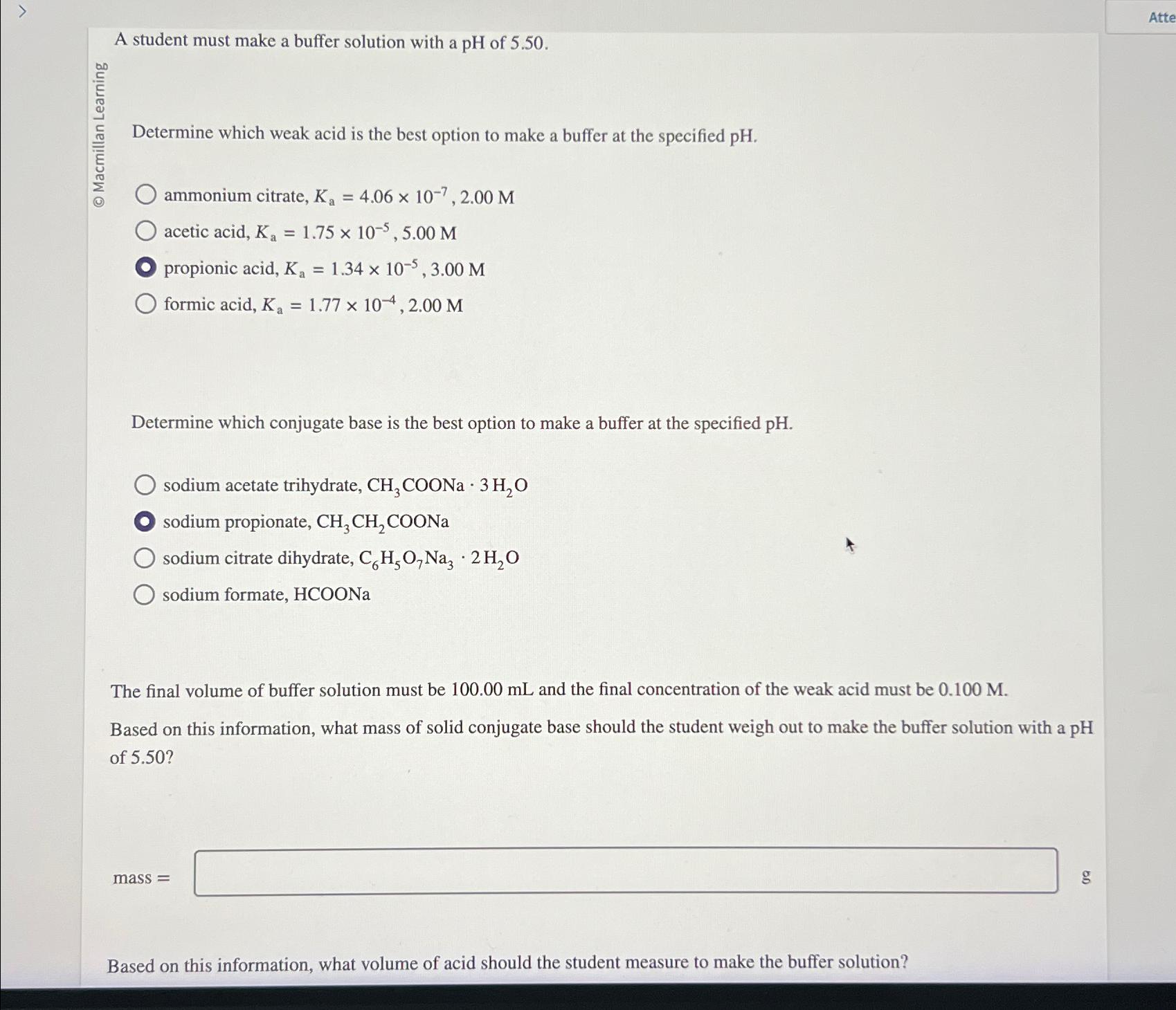 Solved A student must make a buffer solution with a pH ﻿of | Chegg.com