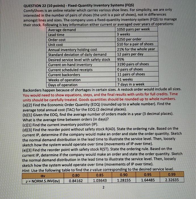 Solved QUESTION 22 (10 points) - Fixed-Quantity Inventory | Chegg.com