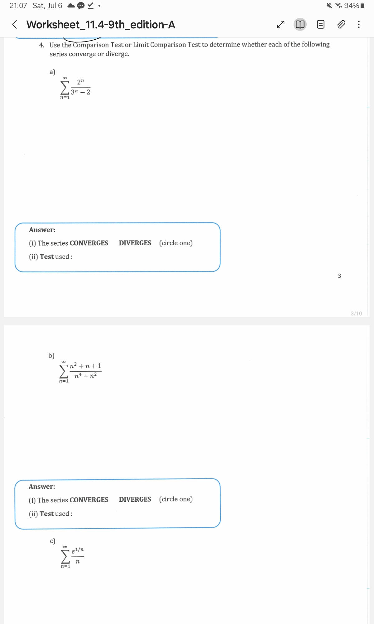 Solved Use The Comparison Test Or Limit Comparison Test To
