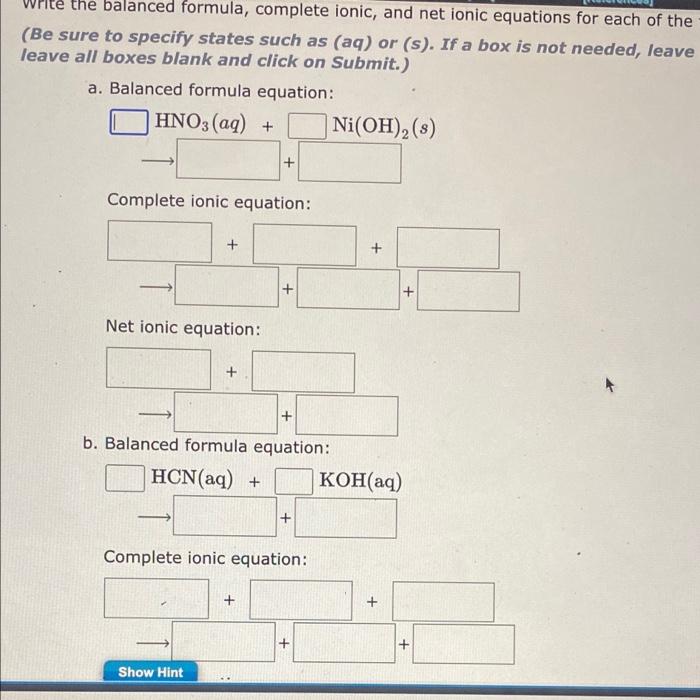 Solved write the balanced formual equation, complete ionic | Chegg.com