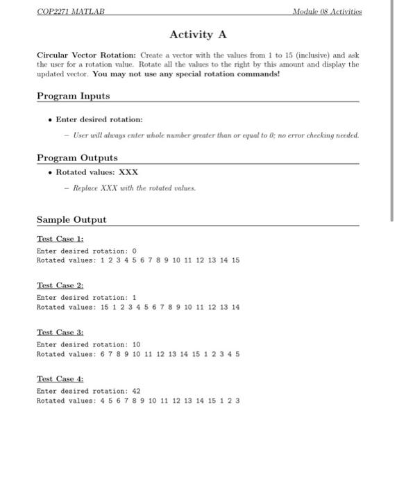 Solved COP2271 MATLAB Module 08 Activities Activity A | Chegg.com