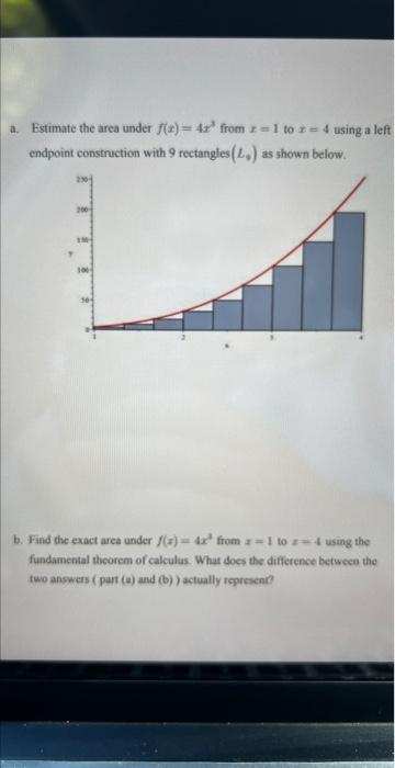 Solved a. Estimate the area under f(x)=4x3 from x=1 to x=4 | Chegg.com
