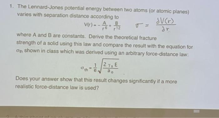 Solved The Lennard-Jones potential energy between two atoms | Chegg.com