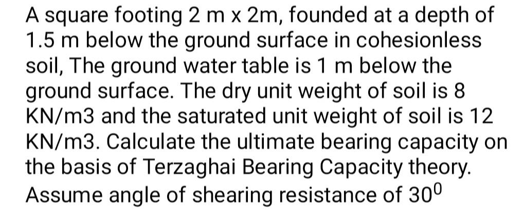 Solved A square footing 2 m×2 m, founded at a depth of 1.5 m | Chegg.com