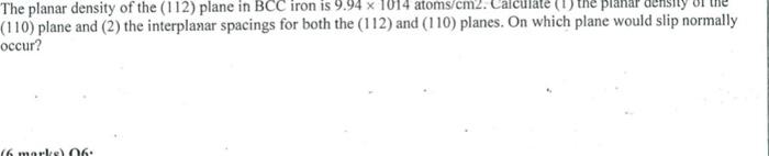 Solved The planar density of the (112) plane in BCC iron is | Chegg.com