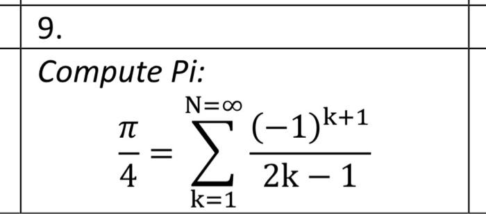 Solved 9. Compute Pi: π ΔΙ 4 N=m Σ k=1 (−1)k+1 2k – 1 | Chegg.com