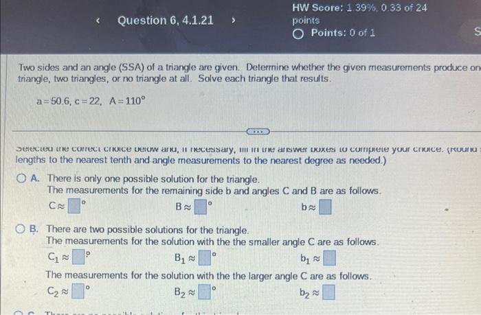 Solved Two sides and an angle (SSA) of a triangle are given. | Chegg.com