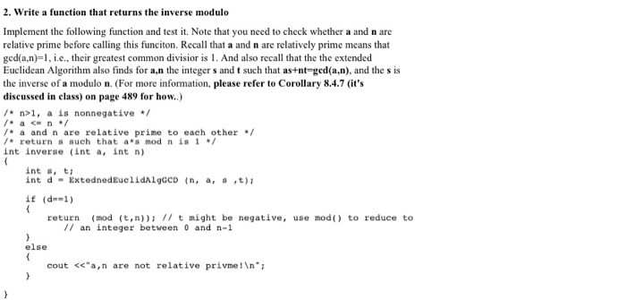 Solved 2. Write a function that returns the inverse modulo | Chegg.com