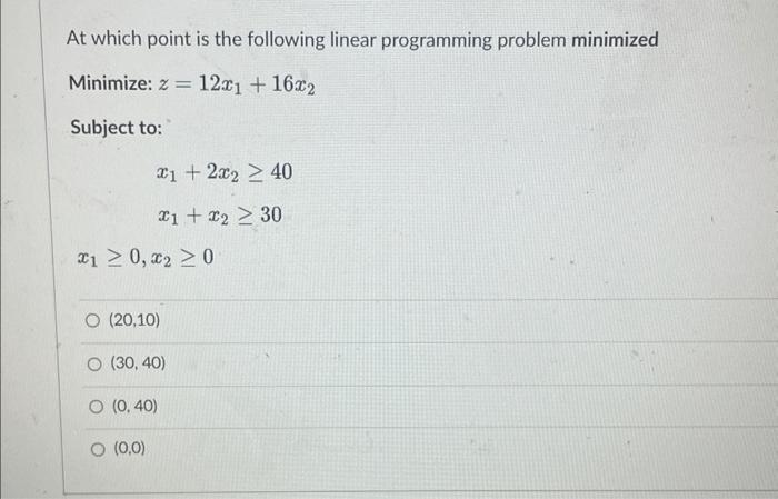 Solved At which point is the following linear programming | Chegg.com