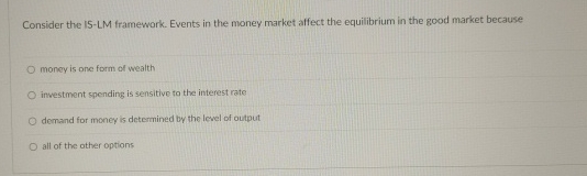 Solved Consider the IS-LM framework. Events in the money | Chegg.com