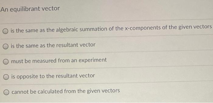 Solved An equilibrant vector O is the same as the algebraic | Chegg.com