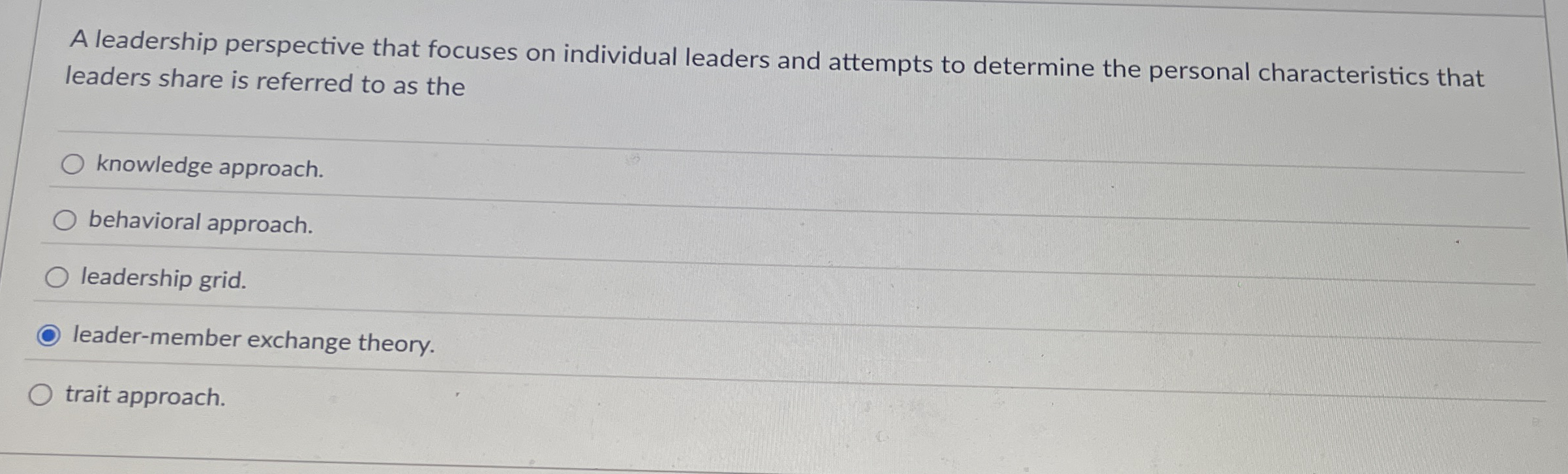 Solved A leadership perspective that focuses on individual | Chegg.com