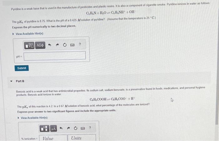 Cs5H5 N+H2O⇌C5H5NH++OH− The pKb of pyridine is 875 . | Chegg.com