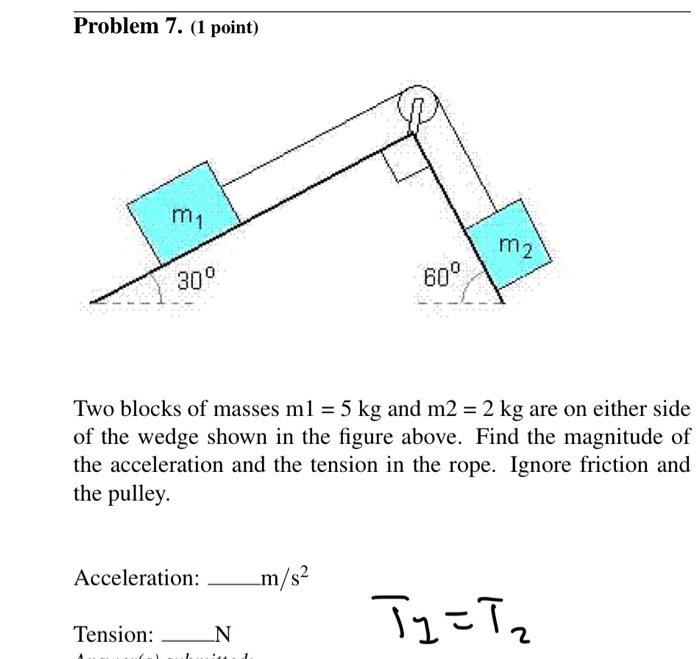 Solved Problem 7. (1 point) Two blocks of masses m1=5 kg and | Chegg.com