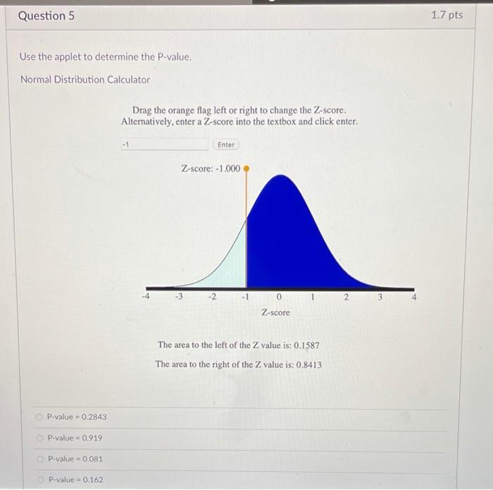 Solved Question 5 1.7 pts Use the applet to determine the | Chegg.com