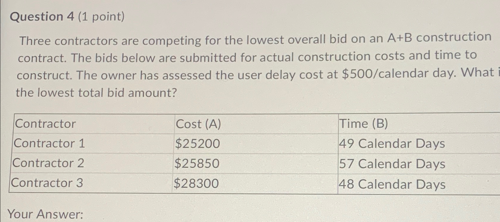 Solved Question 4 (1 ﻿point)Three contractors are competing | Chegg.com