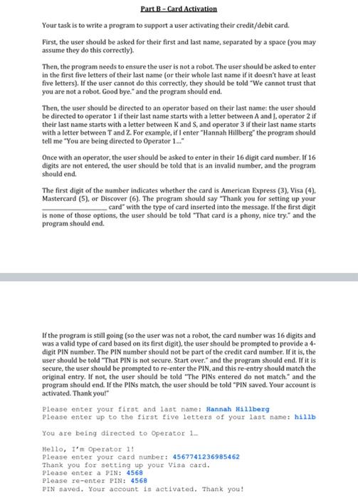 Part B - Card Activation Your task is to write a | Chegg.com