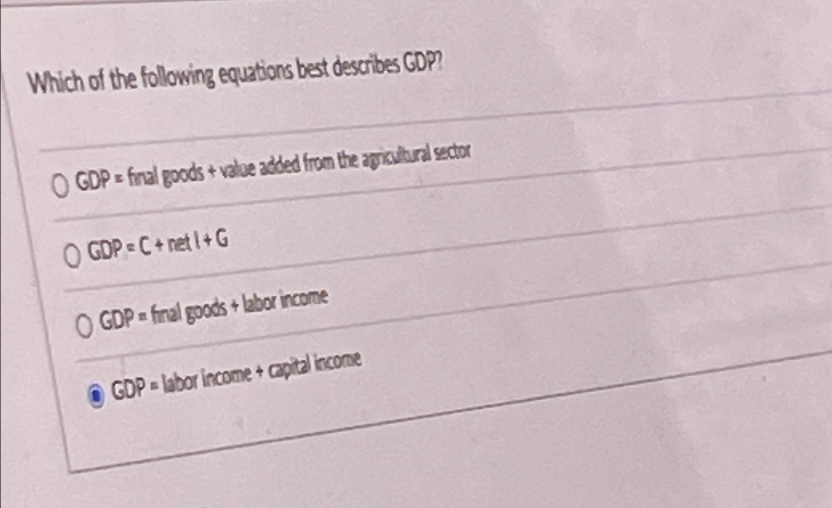 Solved Which of the following equations best describes GDP? | Chegg.com