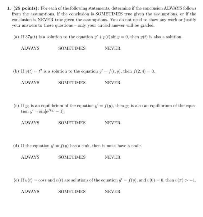 Solved 1. (25 points): For each of the following statements, | Chegg.com Solved 1. (25 points): For each of the following statements, | Chegg.com