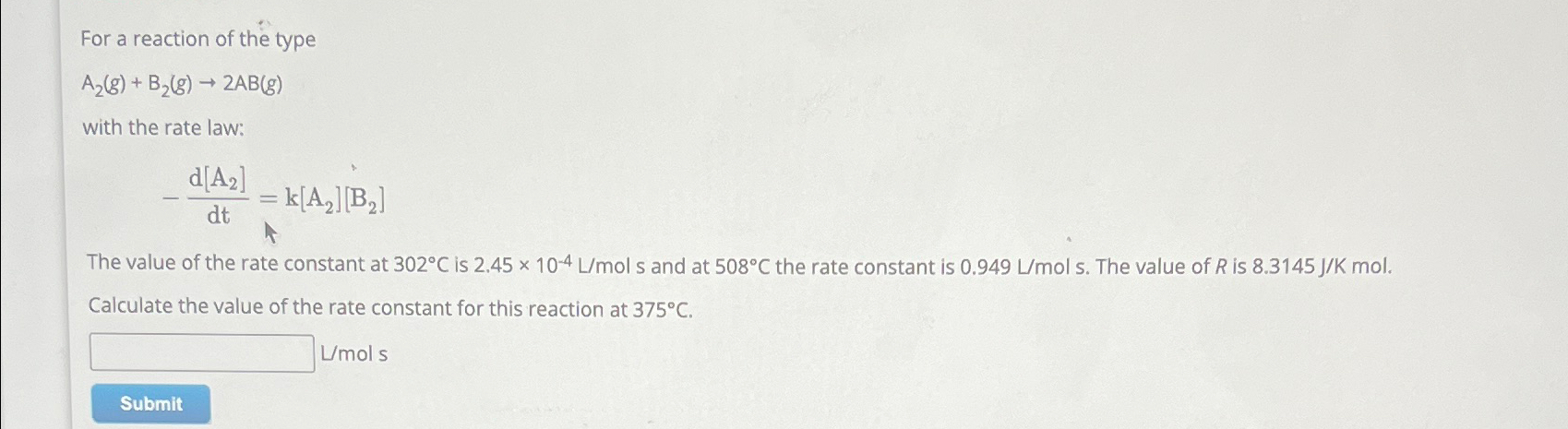 Solved For a reaction of the typeA2(g)+B2(g)→2AB(g)with the | Chegg.com