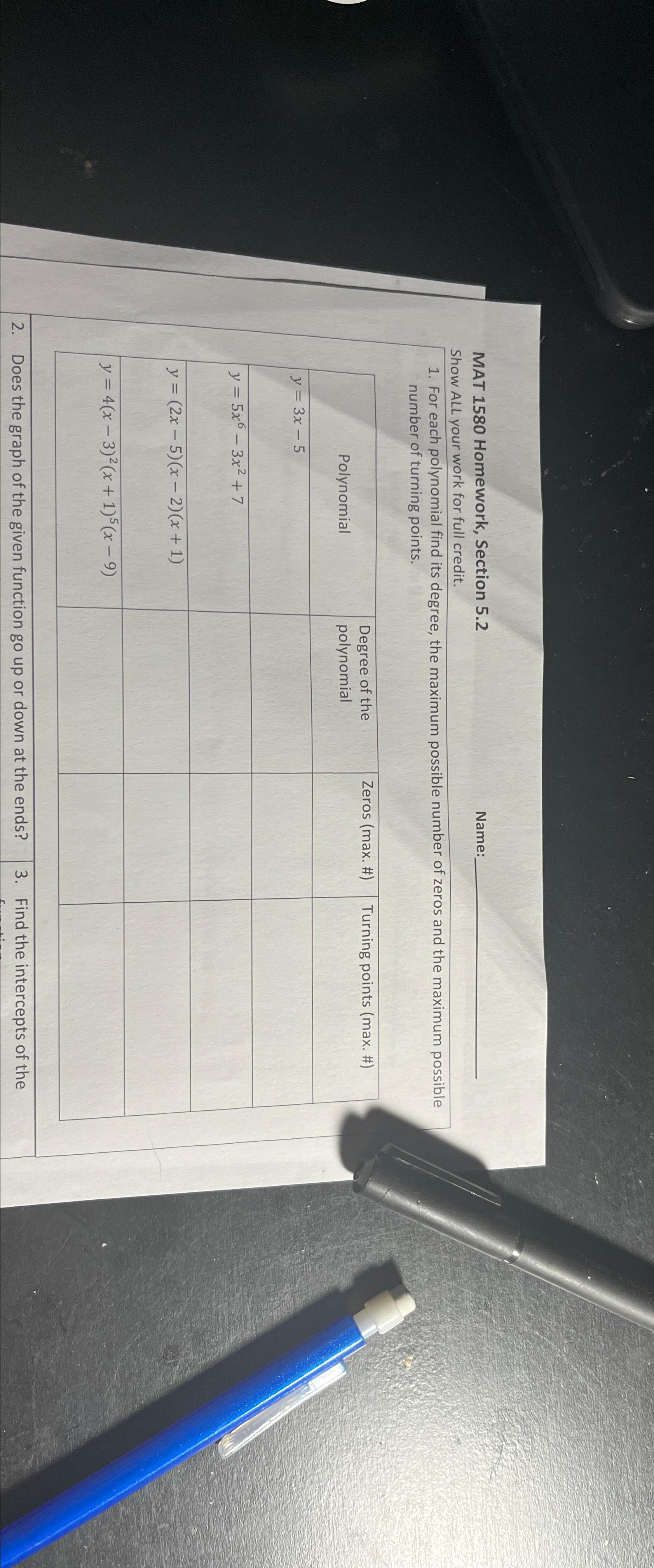 Solved MAT 1580 ﻿Homework, Section 5.2Name:Show ALL your | Chegg.com
