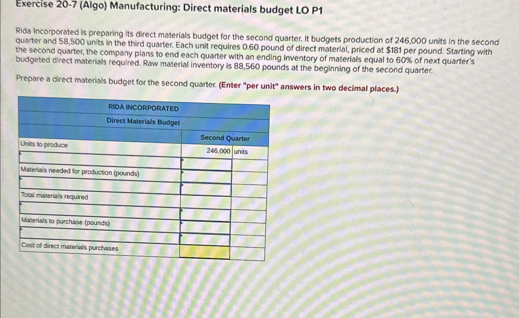Solved Exercise 20-7 (Algo) ﻿Manufacturing: Direct materials | Chegg.com