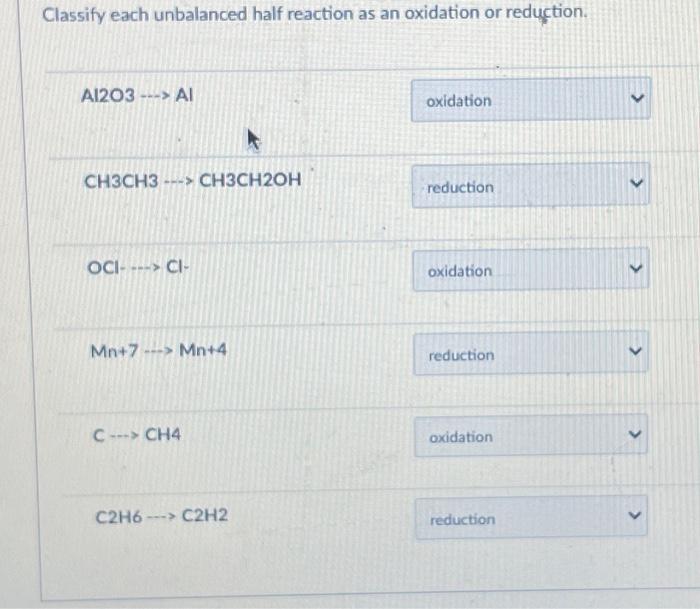 Solved Classify each unbalanced half reaction as an | Chegg.com