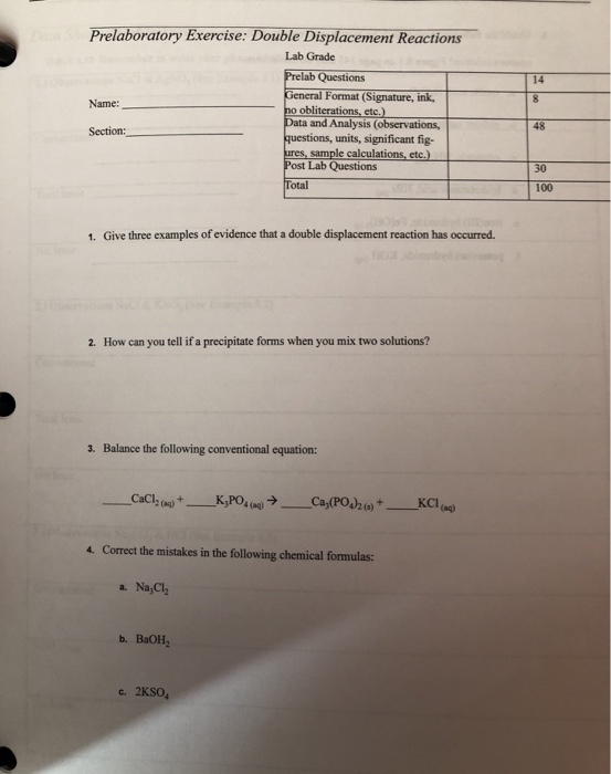 Solved Prelaboratory Exercise: Double Displacement Reactions | Chegg.com